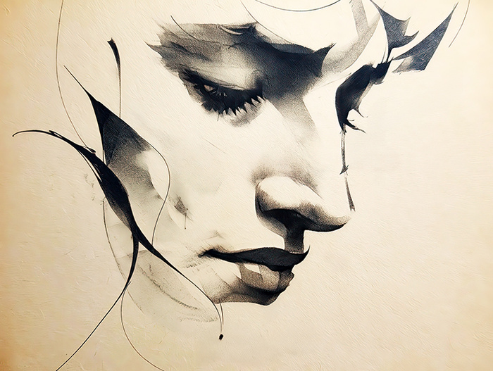 pensive ... monochromatic depiction of a face captures a serene and ...